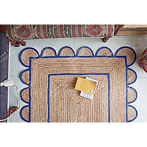 Chouhan Rugs Area Rug Natural Jute Hand Braided Rug Light Blue Scalloped Runner