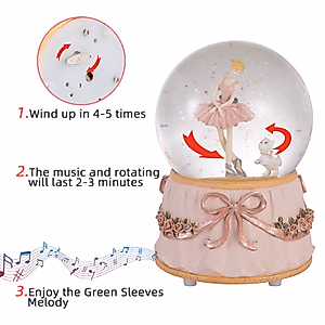 Dreameizor Ballerina Snow Globe, Plays Traditional Music Greensleeves, Rotating and Mechanical Real Glass Snowglobe Gift for Adult Women, Wife, Daughter and Granddaughter, Gift Box Packed