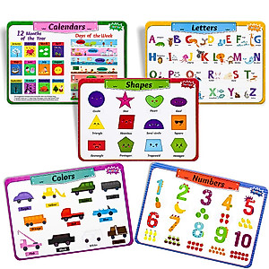 teytoy Kids Placemats Set of 5, Laminated Toddler Educational Learning Table Place Mats, Alphabet Math Shapes Colors Calendar, Children Montessori Eat Mat No Slip Waterproof Heat Resistant 17x12inch