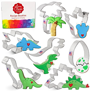 Dinosaur Cookie Cutters 7-Pc. Set Made in the USA by Ann Clark, T-Rex, Brontosaurus, Stegosaurus, Dino Foot, Egg and more