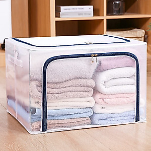 Bestunihom PVC Clear Window Storage Box,Waterproof Storage Organizers Clothing,Quilts,Kids toys, Books,Office Storage Bins Reinforced Handles,Pack of 3 Blue 110L SNX-JWB013PBL110