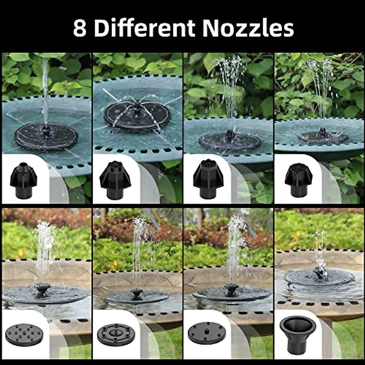 AMIAEDU Solar Fountain, Powered Water 4W Pump for Bird Bath with LED Lights, 7 Nozzle and Fixer Hummingbird Garden, Pond, Pool, Fish Tank, , Black