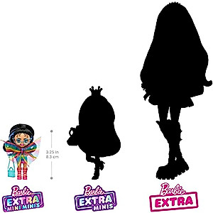 Barbie Extra Mini Minis with Blue-Streaked Black Ponytail Wearing Rainbow Dress & Accessories & Stand, 3.25-inch