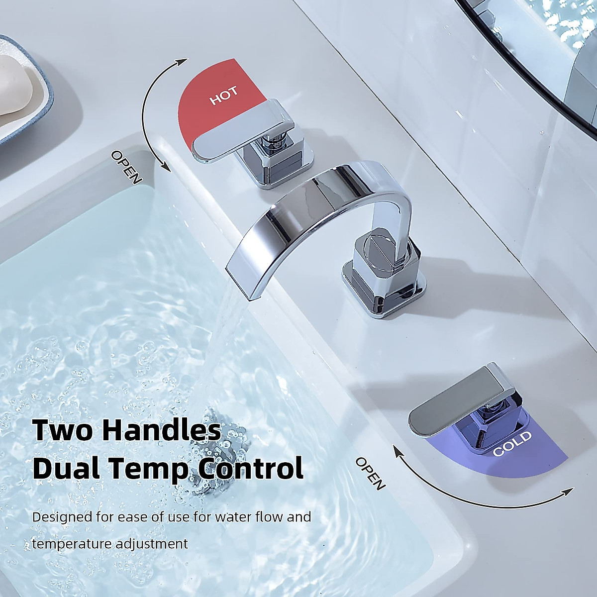 DIKUROOMS 2-Handle 8 inch Widespread Brass Bathroom Vanity Sink Faucet with cUPC Water Supply Lines,Swivel Waterfall Spout, Basin Sink Mixer Tap with Overflow Pop Up Drain Included,Chrome