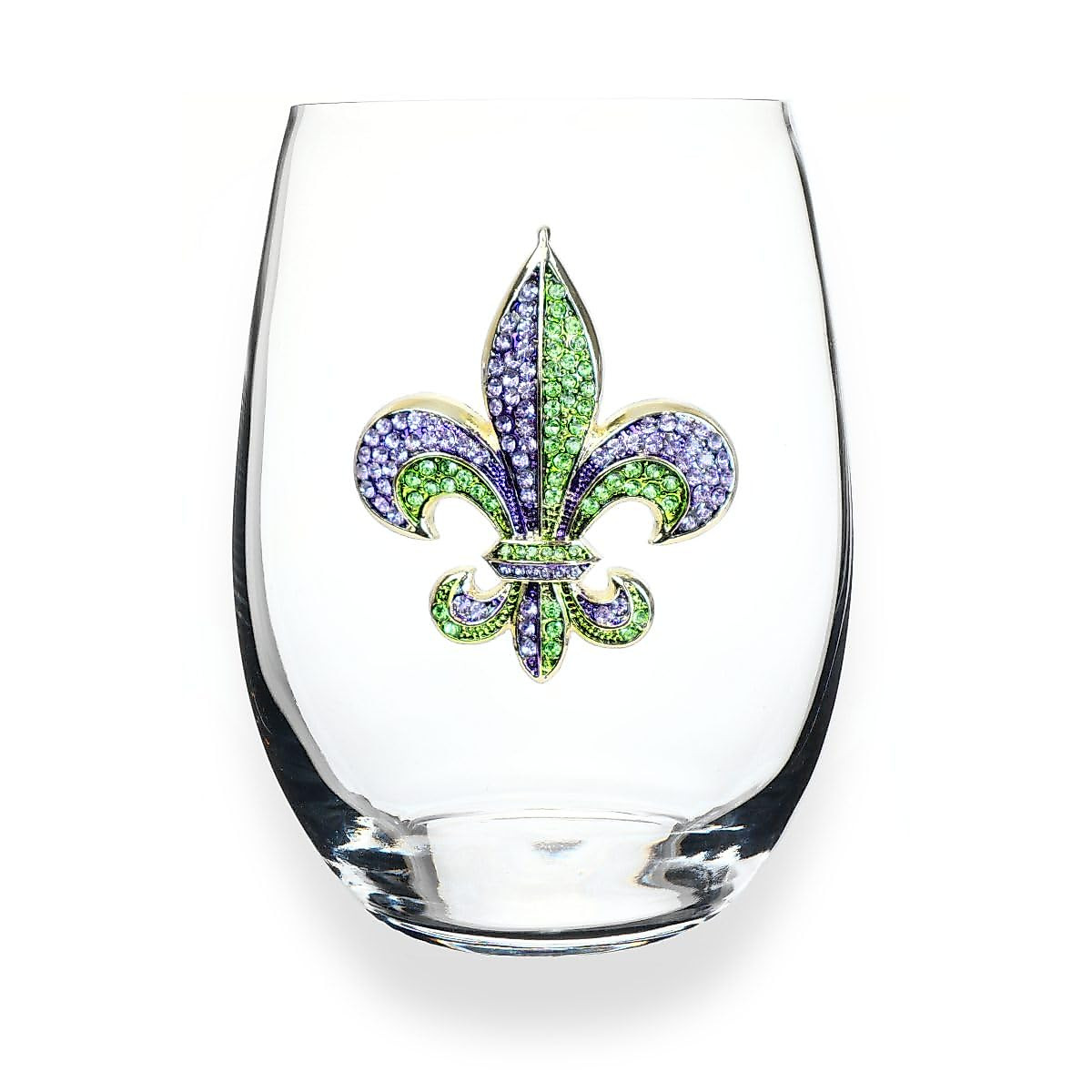 THE QUEENS' JEWELS Purple and Green Fleur de Lis Jeweled Stemless Wine Glass, 21 oz. - Unique Gift for Women, Birthday, Cute, Fun, Not Painted, Decorated, Bling, Bedazzled, Rhinestone