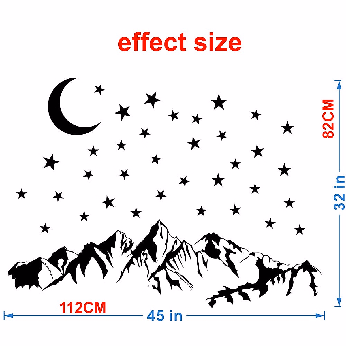 ANFRJJI Mystery Mountain Decal Hill Silhouette Art Vinyl Wall Sticker with Cute Moon and Stars Wall Art Murals for Living Room and Bedroom Effect Size : 45"x32"inch (Black-jwh316-Mountain)