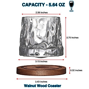 BOLESTA Whiskey Glasses Set of 2, Rotatable Tumbler Crystal Glass Cups, Drinking Glasses with 2Pcs Creative Walnut Coasters and Gift Box - for Scotch,Bourbon,Cocktails