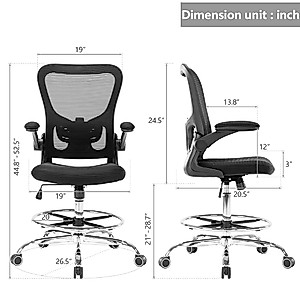 Hramk Ergonomic Office Drafting Desk Chair with Flip up Arms, Mesh Back Tall Office Chair with Adjustable Lumbar Support and Foot Ring (Metal Wheelbase, Black)