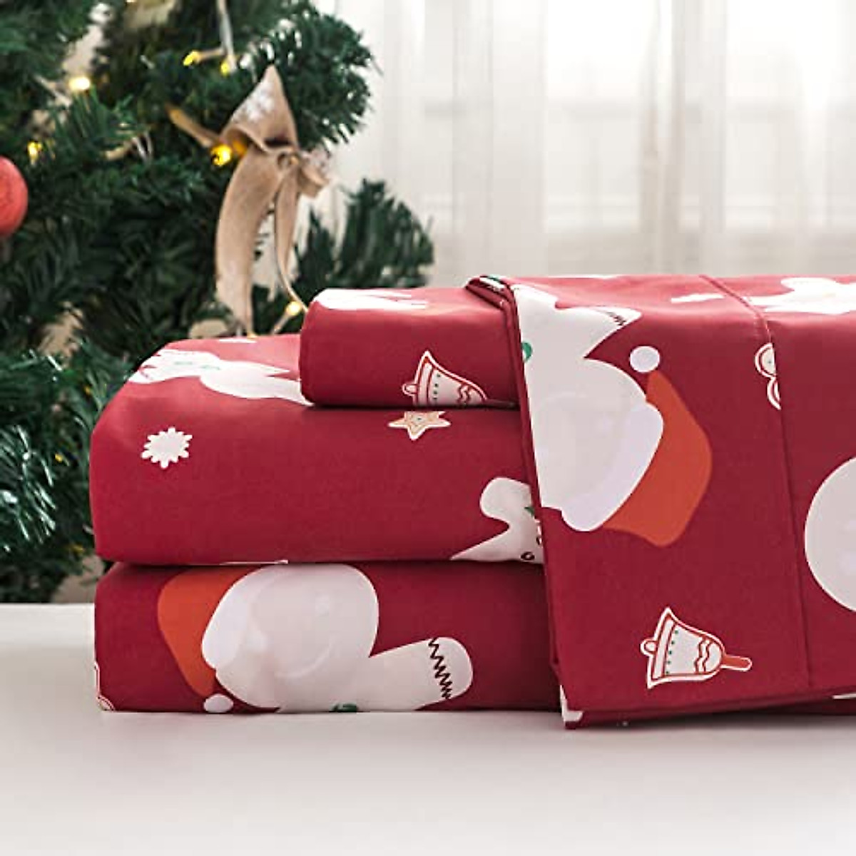 KACEMOO Twin Size Christmas Sheet Set Soft 1800 Thread Count Christmas Sheets Printed Bed Sheets, Deep Pocket Warm Sheet Winter Holiday Sheets Machine Washable Patterned Double Brushed Bed Sheets