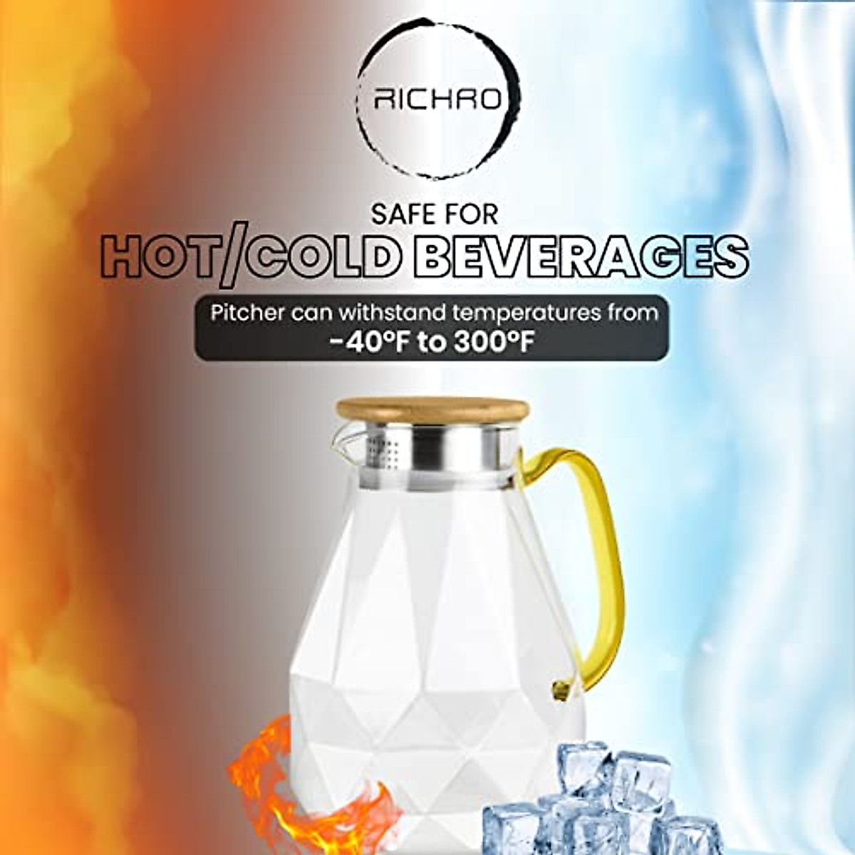 Richro Glass Pitcher With Lid and Spout Set of 6 - Heat Resistant Glass Pitcher With Stainless Steel Lid 60 oz Good For Coffee Juice Beverage Pitcher For Juice and Iced Tea Pitcher Water Carafe