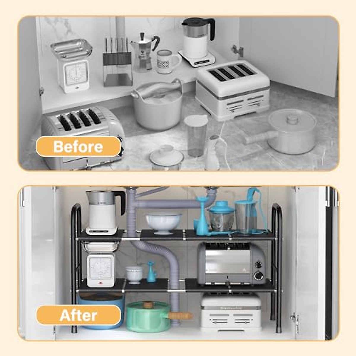 POJORY 2 Piece Expandable Height/Length Under Sink Organizers and Storage, 2 Tier Cabinet Shelf Organizer with 8 Detachable Panels for Under Kitchen Bathroom Sink Organizers and Storage,Black