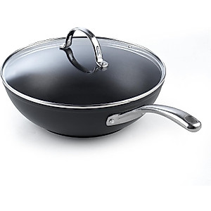 Cooks Standard Nonstick Stir-Fry Wok Pan 11-Inch, Hard Anodized Deep Frying Pan with Glass Lid, Flat Bottom, Black
