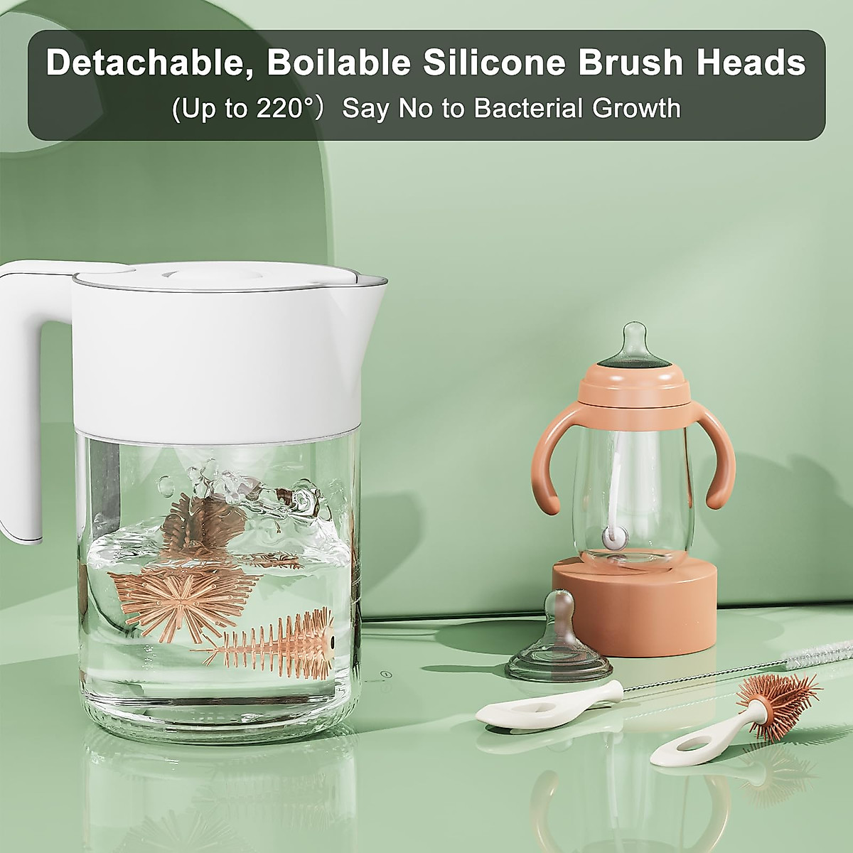 eBanGo Silicone Bottle Brush Set with Stand, 360° Rotating Silicone Bottle Cleaning Brush Cleaner Set, Long Handle 3 in 1 Multipurpose Silicone Baby Bottle Gap Cap Cleaner Brush (Orange)