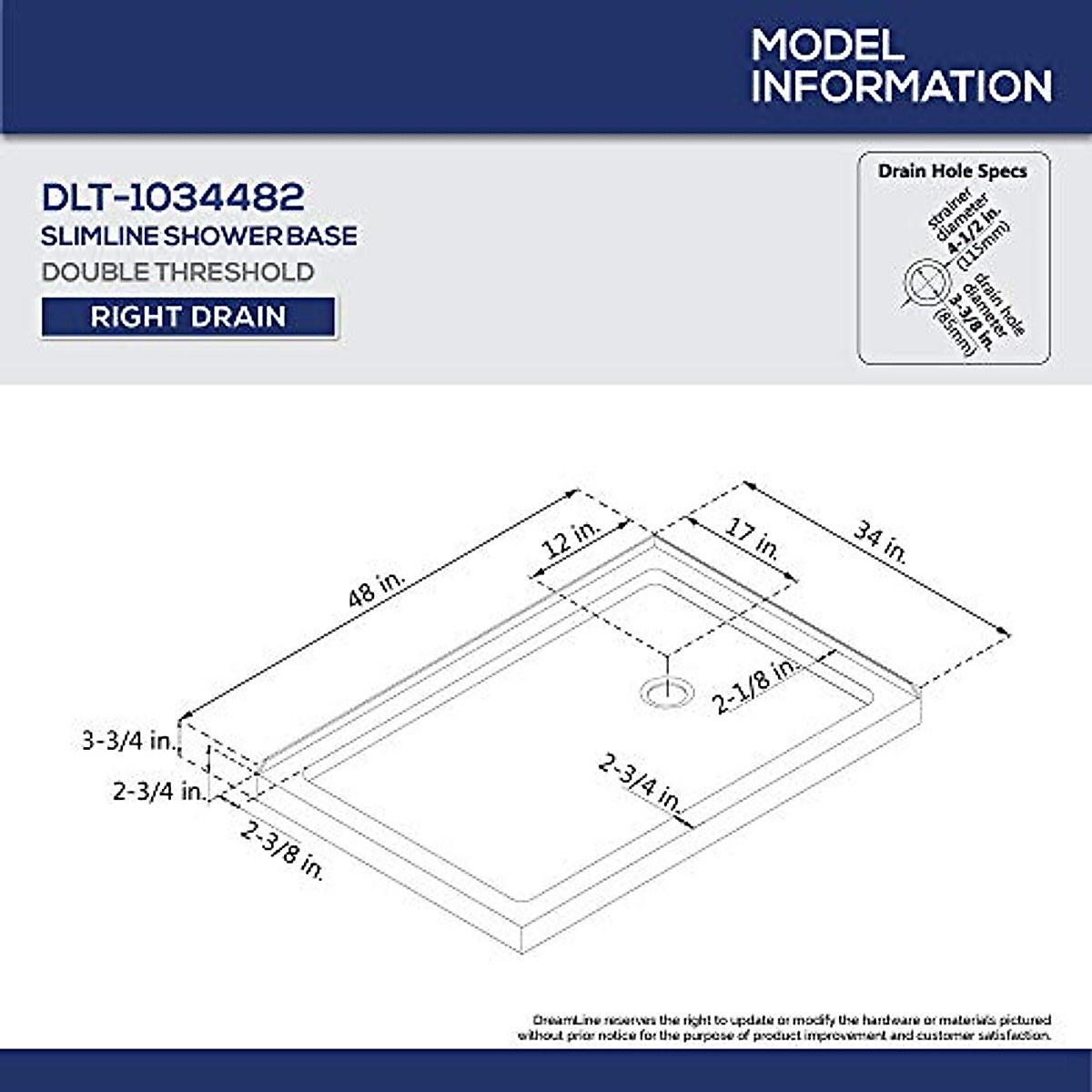 DreamLine SlimLine 34 in. D x 48 in. W x 2 3/4 in. H Right Drain Double Threshold Shower Base in Black, DLT-1034482-88