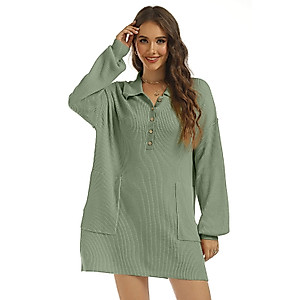 Nfsion Women's Casual Lapel Knit Sweater Button V-neck Long Sleeved Loose Fitting Dress Autumn Oversized Short Skirt Pullover Light green Small