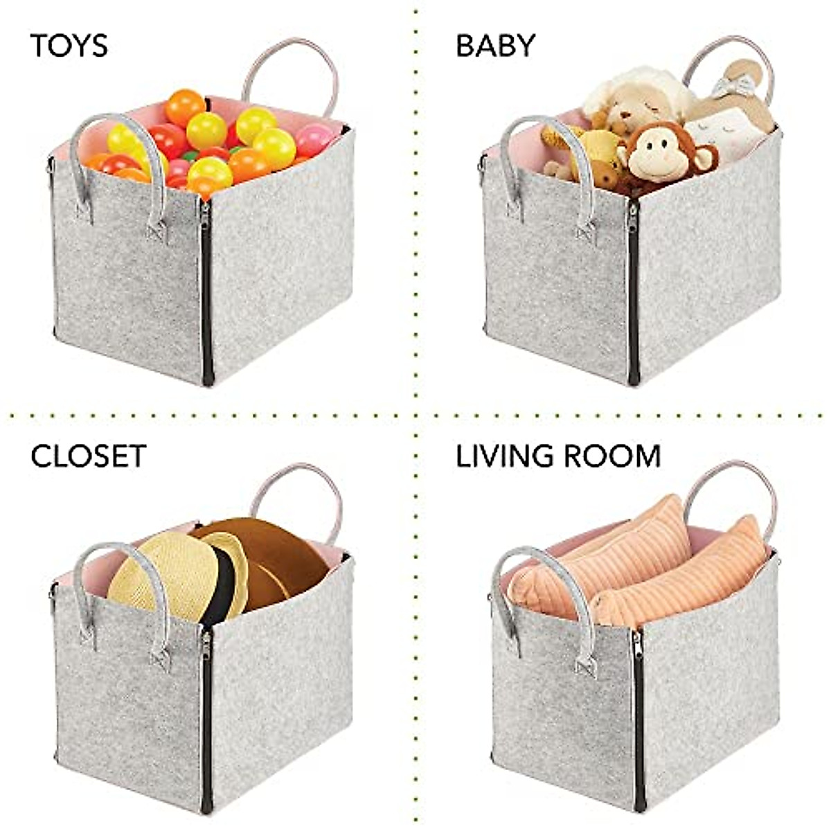 mDesign Soft Felt Cube Bin Box with Zipper - Attached Handles - Storage for Closet, Bedroom, Furniture Shelving Units - Textured Print - Light Pink/Light Gray