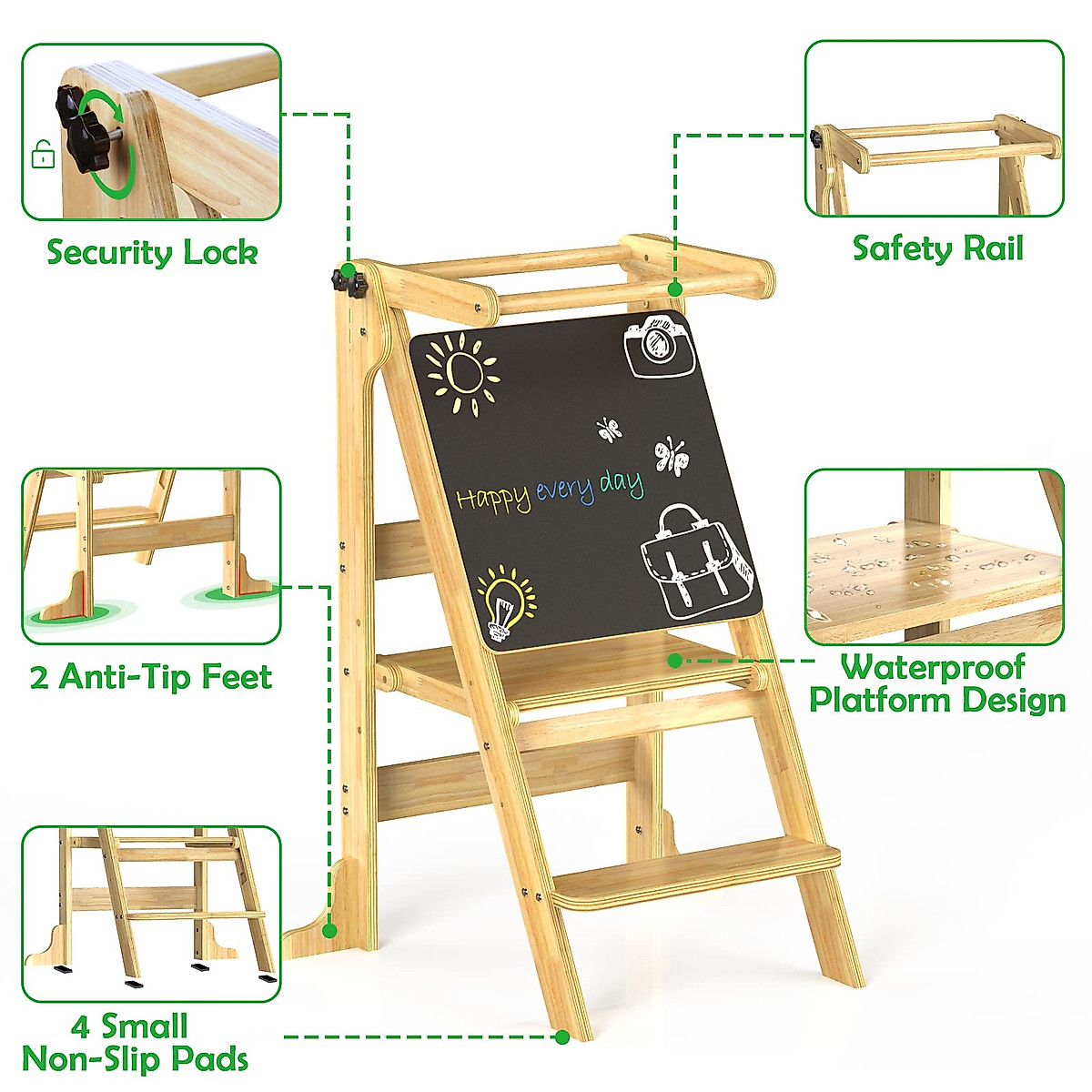 Toddler Tower Foldable - Kids Kitchen Step Stool with 3 Adjustable Heights & Safety Rail, Montessori Tower with Chalkboard for Learning, Standing Tower Helper Stool for Kitchen Counter Sink (Natural)