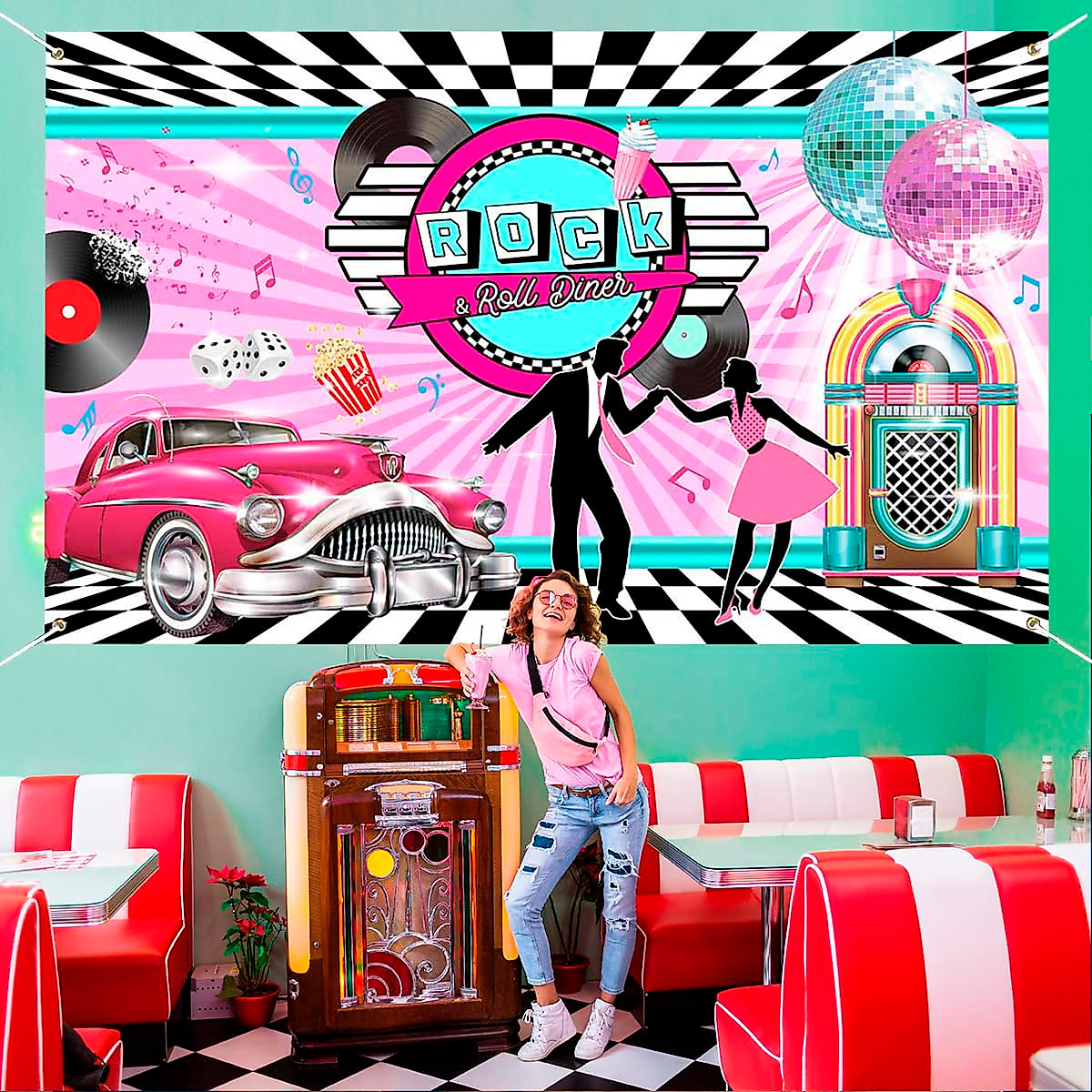 Mocsicka 50s Birthday Party Banner Back to 50's Rock and Roll Banner Backdrop 1950s Party Decorations Retro Rocking Backdrop for 50s Party, 72.8 x 43.3 Inch