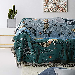 shlutesoy Throw Blankets, Throw Blanket, Mermaid Fish Ocean Tassel Sofa Cover Couch Chair Throw Blanket Carpet Tapestry 180cm x 230cm