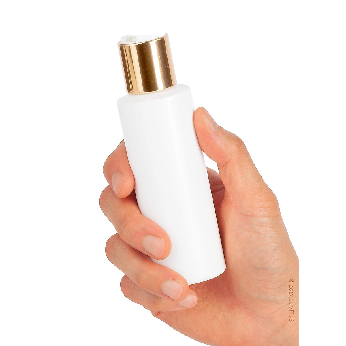 JUVITUS 4 oz / 120 ml White Plastic HDPE Refillable Cylinder Squeeze Bottle with Gold Disc Cap (12 Pack)