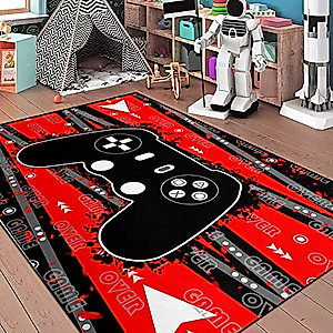 Jiospet Gamer Area Rug Gaming Rugs for Gaming Room Game Rugs for Boys Bedroom Living Room Playroom Floor Mats for Indoor Outdoor, Red Black, 4'×5'