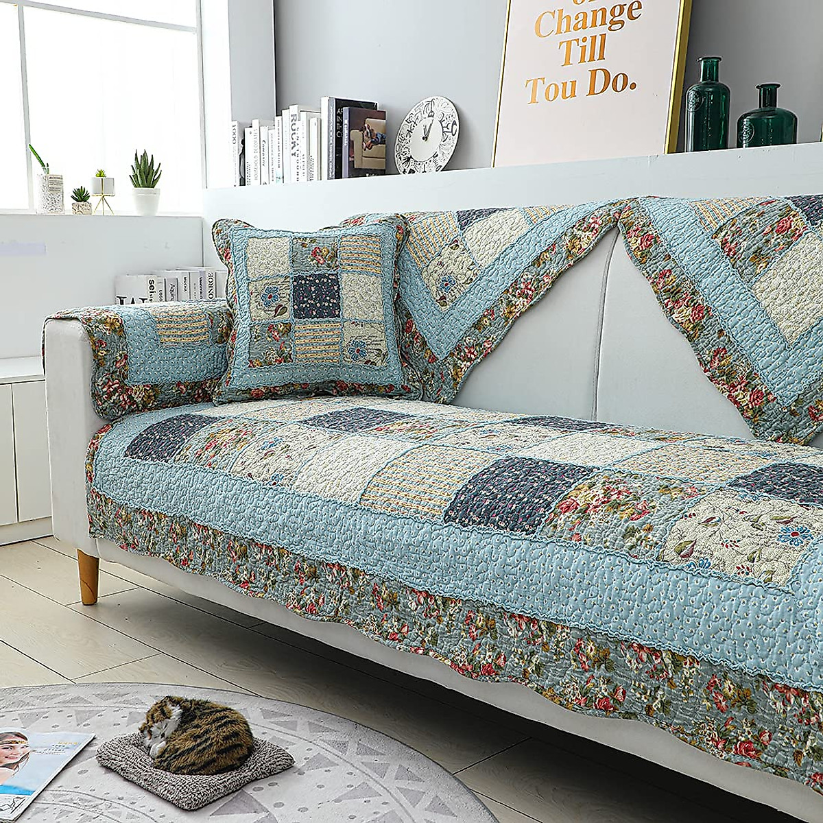 vctops Boho Cotton Patchwork Sofa/Couch Covers Sectional Couch Covers Anti-Slip Sofa Slipcover for Dogs Cats Pet Love Seat Recliner Leather L Shaped, Armrest Backrest Cover (Blue,43"x43")