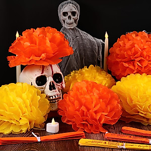 Tigeen 24 Pcs 10 Inch Marigold Flower Pom Poms Tissue Pom Poms Paper Flower Balls for Halloween Wedding Birthday Celebration Party DIY Decoration, Orange and Yellow