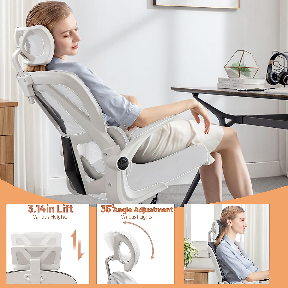 XUEGW Ergonomic Office Chair Comfort Home Desk Chair Adjustable High Back Mesh Chair Lumbar Support Computer Chair with Flip-up Arms for Work, Study, Gaming,White Mesdh Chair