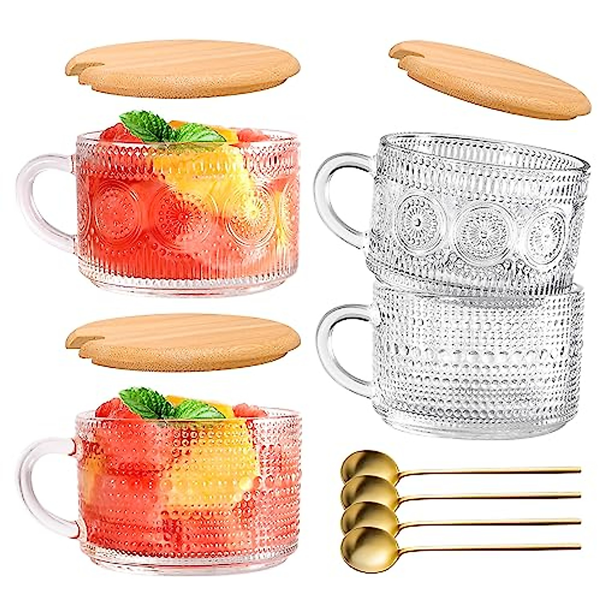 Qmioti Vintage Glass Coffee Mugs 4 Pack, 14 oz Glass Coffee Tea Cups with Lid and Golden Spoons, Clear Embossed Glass Cup Sets for Latte, Cereal, Cappuccino, Yogurt, Milk, Beverages and Cute Gifts