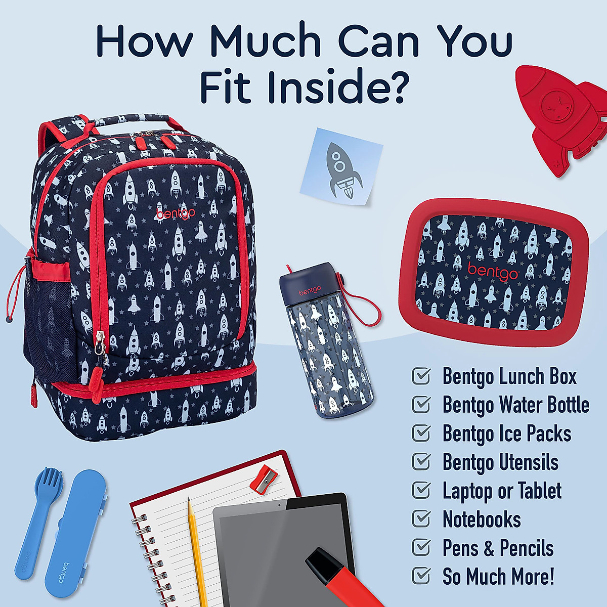 Bentgo® Kids Prints 2-in-1 Backpack & Insulated Lunch Bag - Durable, Lightweight, Colorful Prints for Girls & Boys, Water-Resistant Fabric, Padded Straps & Back, Large Compartments (Rocket)