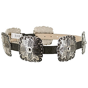 Angel Ranch Ladies Black Floral Embossed Leather Belt with Antique Silver Tone Square Conchos, Removable Buckle, Small
