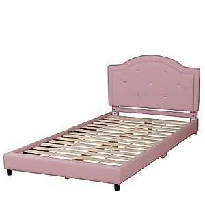 Leather Kids Twin Bed , Crystal Button Adjustable Height Headboard Children's Bed, Wooden Slat Base Toddler Bed ,Upholstered Twin Bed for Kid, Fits Standard Twin Mattress(75"Wx39"D) (Pink)