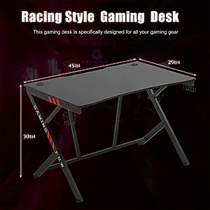 PayLessHere Computer Gaming Desk 35 Inch Z-Shaped PC Computer Desk Ergonomic Gaming Table Gamer Workstation Headphone Hook, Red