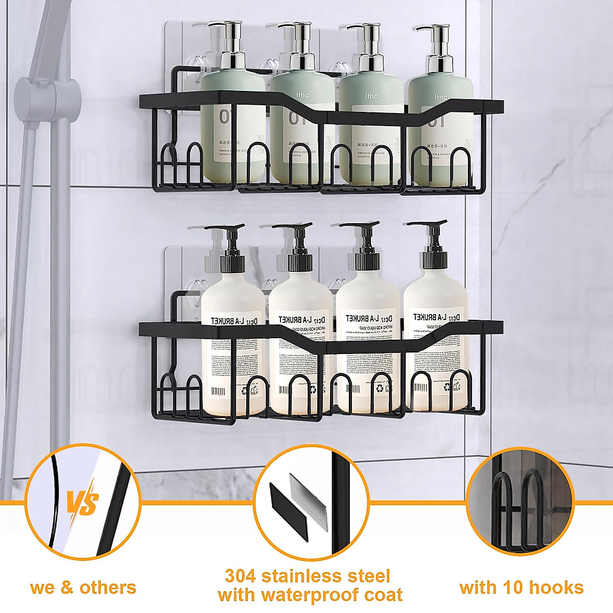WITOP 7 Pack Shower Caddy, New Upgraded Strong Adhesive Caddies, Large Storage Rack with 10 Hooks,No Drilling,Large Capacity,Rustproof Stainless Steel Bathroom/Kitchen Organizer,Black