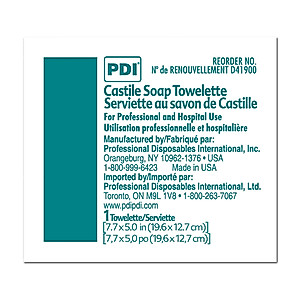 PDI Castile Soap Towelette - Premoistened Facial Cleansing Wipe with Coconut Oil, Great for Travel - Individual Packet, 7.7 in. x 5in., 100 Count, 3 Packs, 300 Total