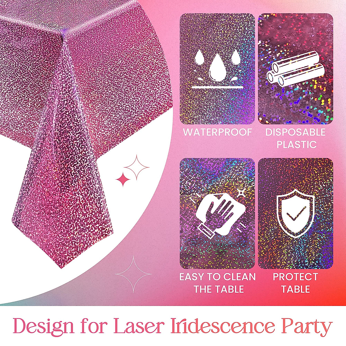 Just Shimmer 2 pcs Pink Holographic Plastic Tablecloths Laser Table Covers 40" x 108" Foil Disposable Table Cloths for Party Birthday Wedding Christmas Holiday Party Decorations