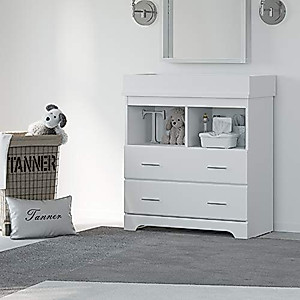 Storkcraft Brookside 2 Drawer Changing Table Dresser (White) – for Nursery with Table Topper, Chest of Drawers for Bedroom, Universal Design