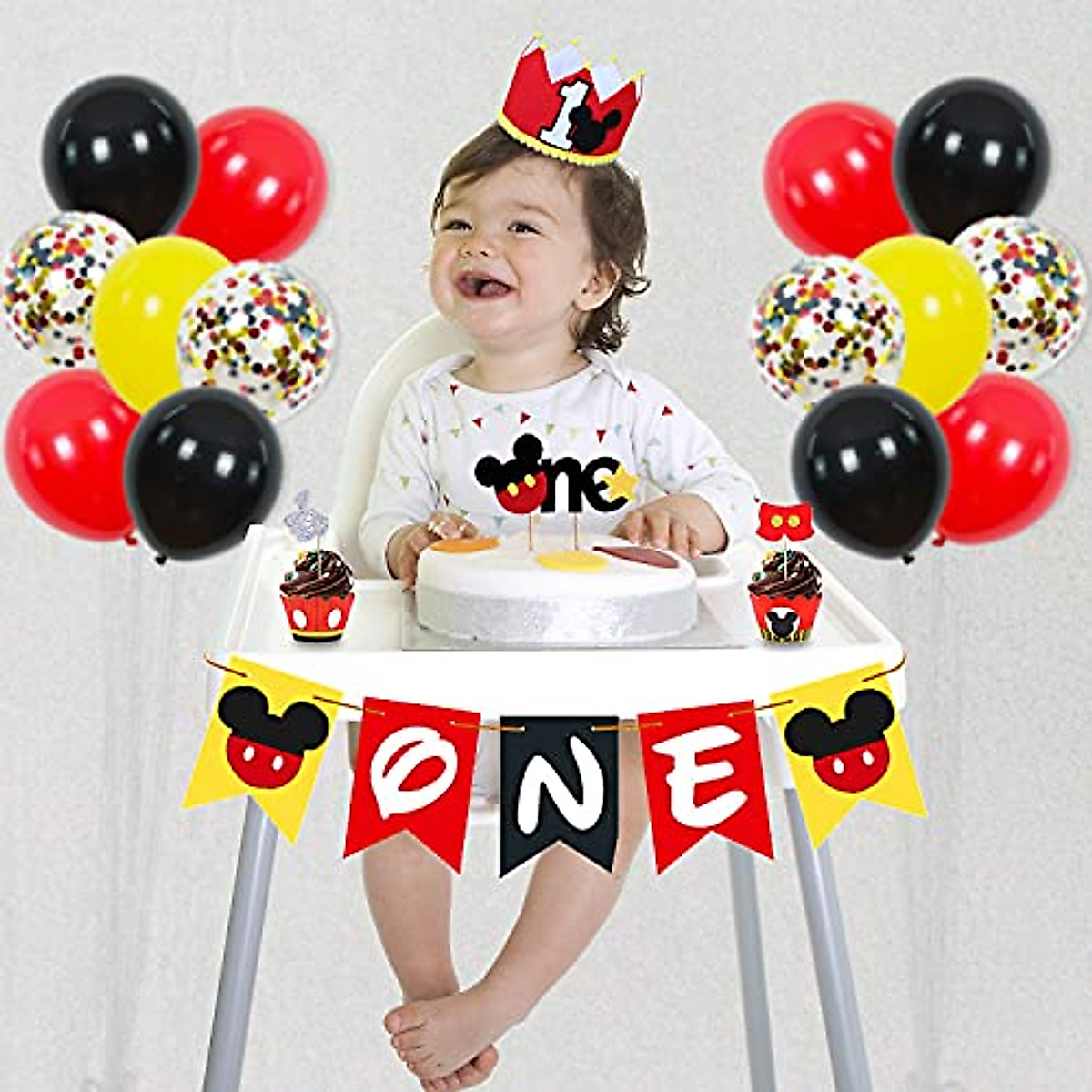 Mouse 1st Birthday Party Supplies Decorations 57Pcs - Happy Birthday Banner ONE Banner Balloons "1" Foil Balloon Hat Door Sign Cupcake Topper Video Game Birthday Decorations for Boys Girls Kids Babies