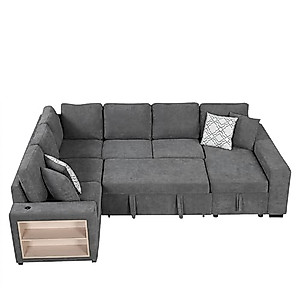 Acosure 109" U-shaped Sectional Pull-out Sofa Bed with Storage Chaise,2-in-1 Convertible Couch W/ 4 Back Pillows & 2 USB Ports,Luxurious Sleeper Furniture Set for Living Room Large Space,Grey Chenille