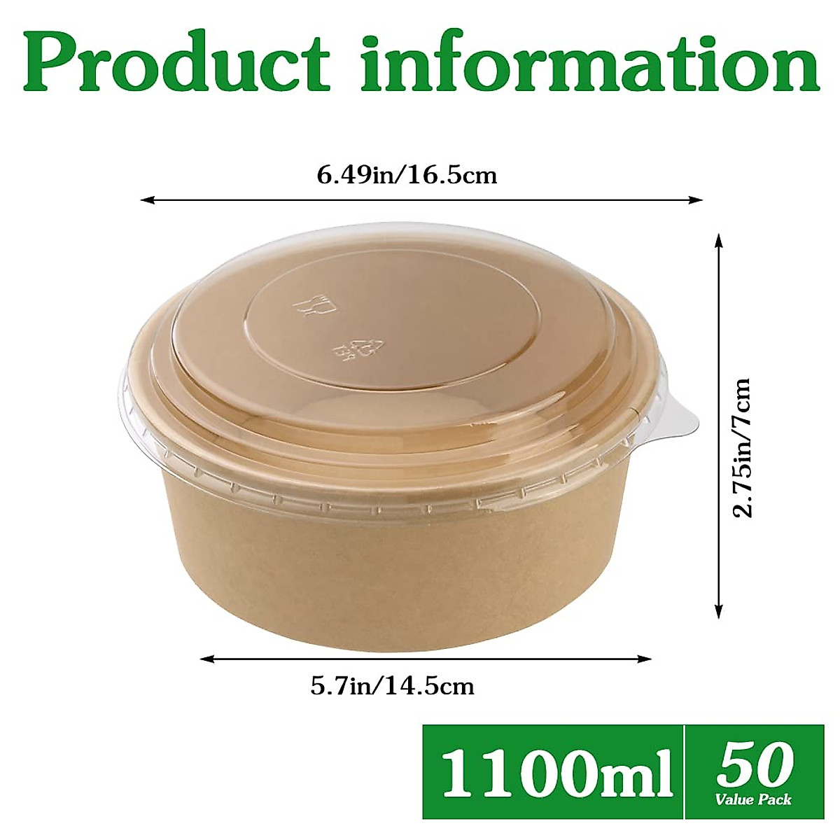 Huaiid Paper Bowl With Lids, 37 oz Kraft Paper Food Container, Paper Soup Bowls,Disposable Paper Salad Bowls For Chilled Pasta, Potato Salad, Fruit and More[1100 ML 50 Pack]