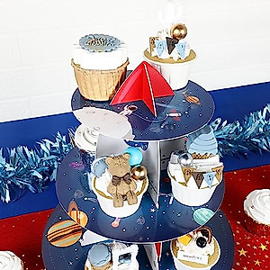 Space Cupcake Holder, Rocket Theme Birthday 3 Tier Cardboard Cupcake Stand, Galaxy Style Dessert Tower Display for Party Supplies Decoration