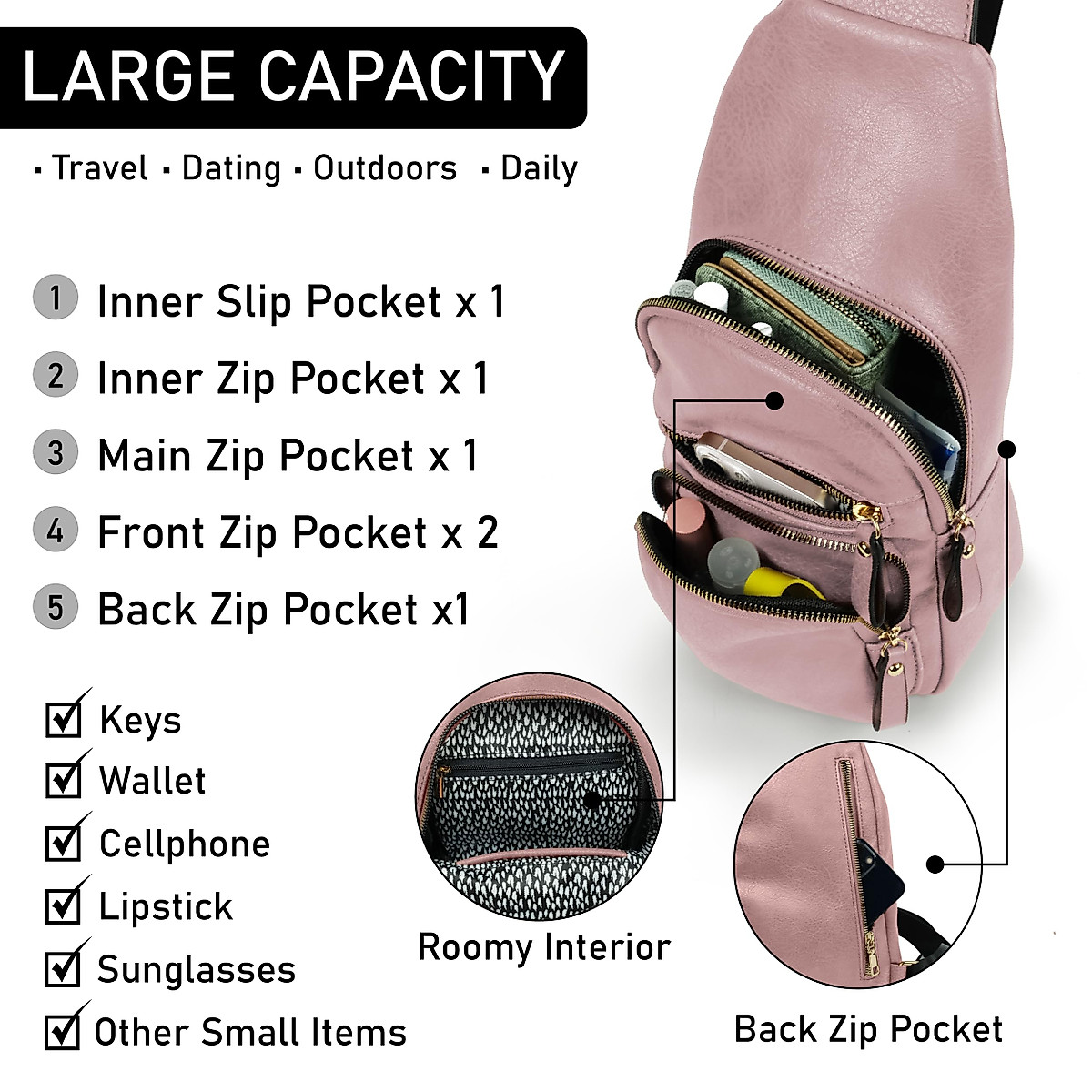 Emperia Small Sling Bag Fanny Packs Crossbody Bags Travel Backpack Chest Bag Gifts for Women Men Mauve