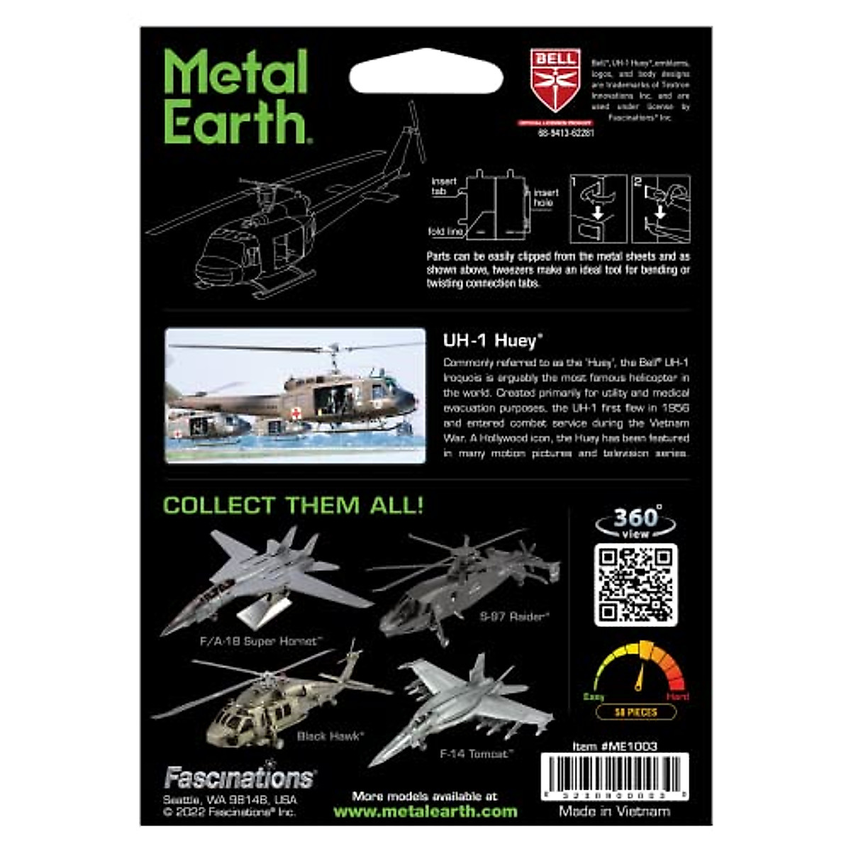 Fascinations Metal Earth UH-1 Huey Helicopter Color 3D Metal Model Kit Bundle with Tweezers
