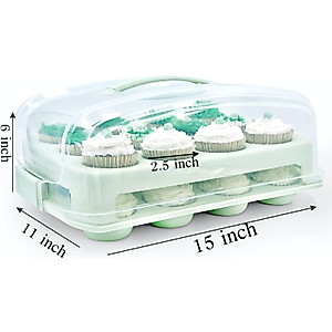 Top Shelf Elements Cupcake Carrier With Two Muffin Pan/Cupcake Pan Stylish Cupcake Carrier With Handle Carrier Holds 24 Cupcakes Muffin Tin Holds 12 Cupcakes Non Stick Cupcake Tray For Baking (Green)