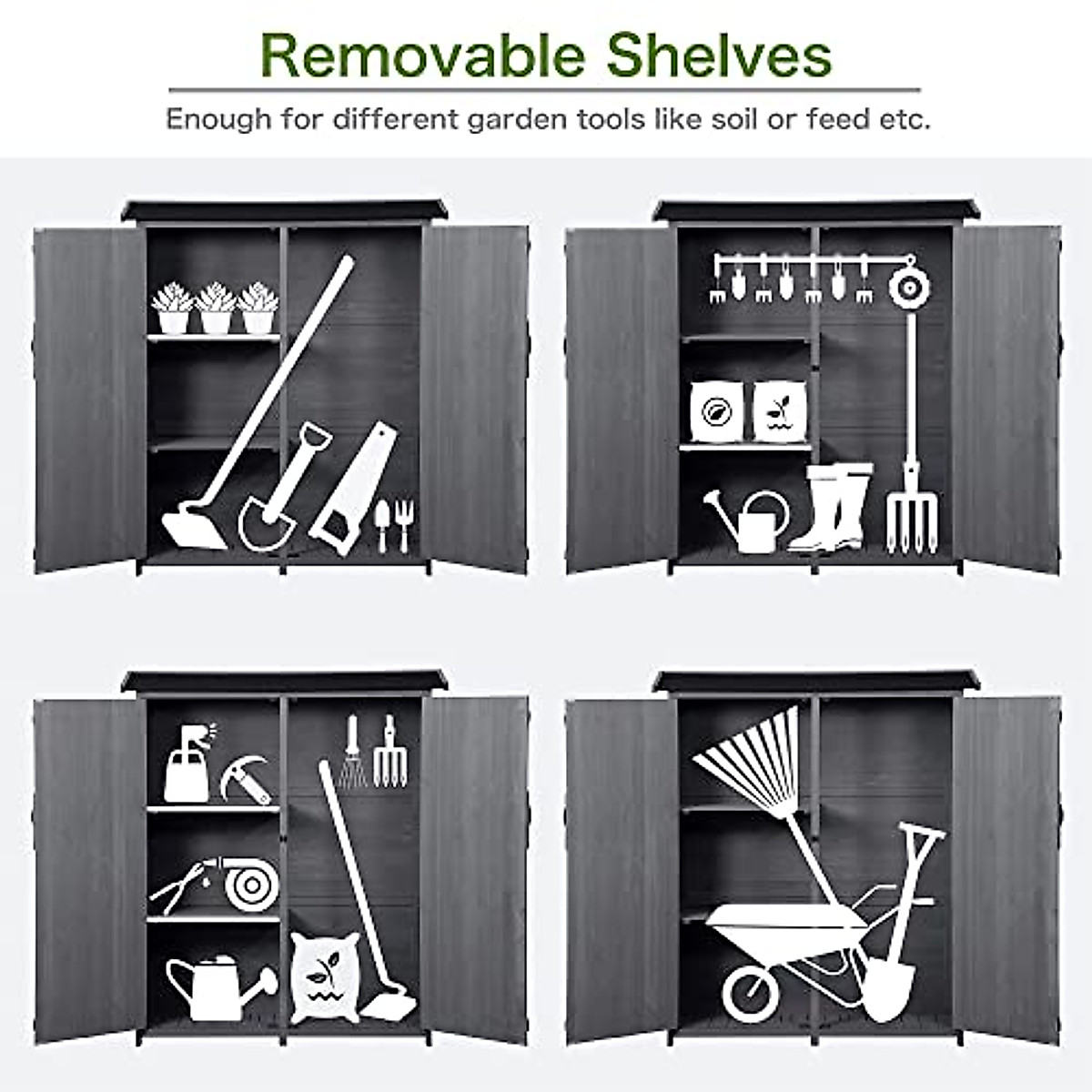 GLIFRON 5.3ft Hx4.6ft L Wood Storage Shed Tool Organizer with 3-Tier Removable Shelves, Storage Cabinet with Waterproof Roof and 2 Lockable Doors & Handles, for Outdoor, Backyard, Gardern, Gray