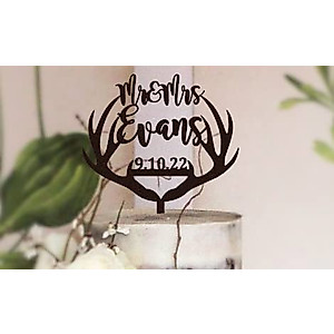 Personalized Antler Wedding Cake Topper, Script Name Wedding Cake Topper, Rustic Wedding Cake Topper, Country Wedding Cake Topper, Personalized deer topper, Stained wood topper for wedding