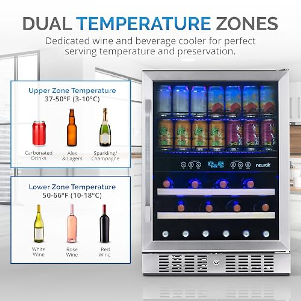 NewAir 24" Wine and Beverage Refrigerator Cooler, 20 Bottle and 70 Can Capacity, Built-in or Freestanding Dual Zone Fridge in Stainless Steel with Splitshelf