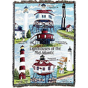 Lighthouses of the Mid-Atlantic Blanket - Old Point Drum Pt Seven Foot Cape Henry Assateague Thomas Point Cove Point - Coastal Ocean Gift Tapestry Throw Woven from Cotton - Made in the USA (72x54)