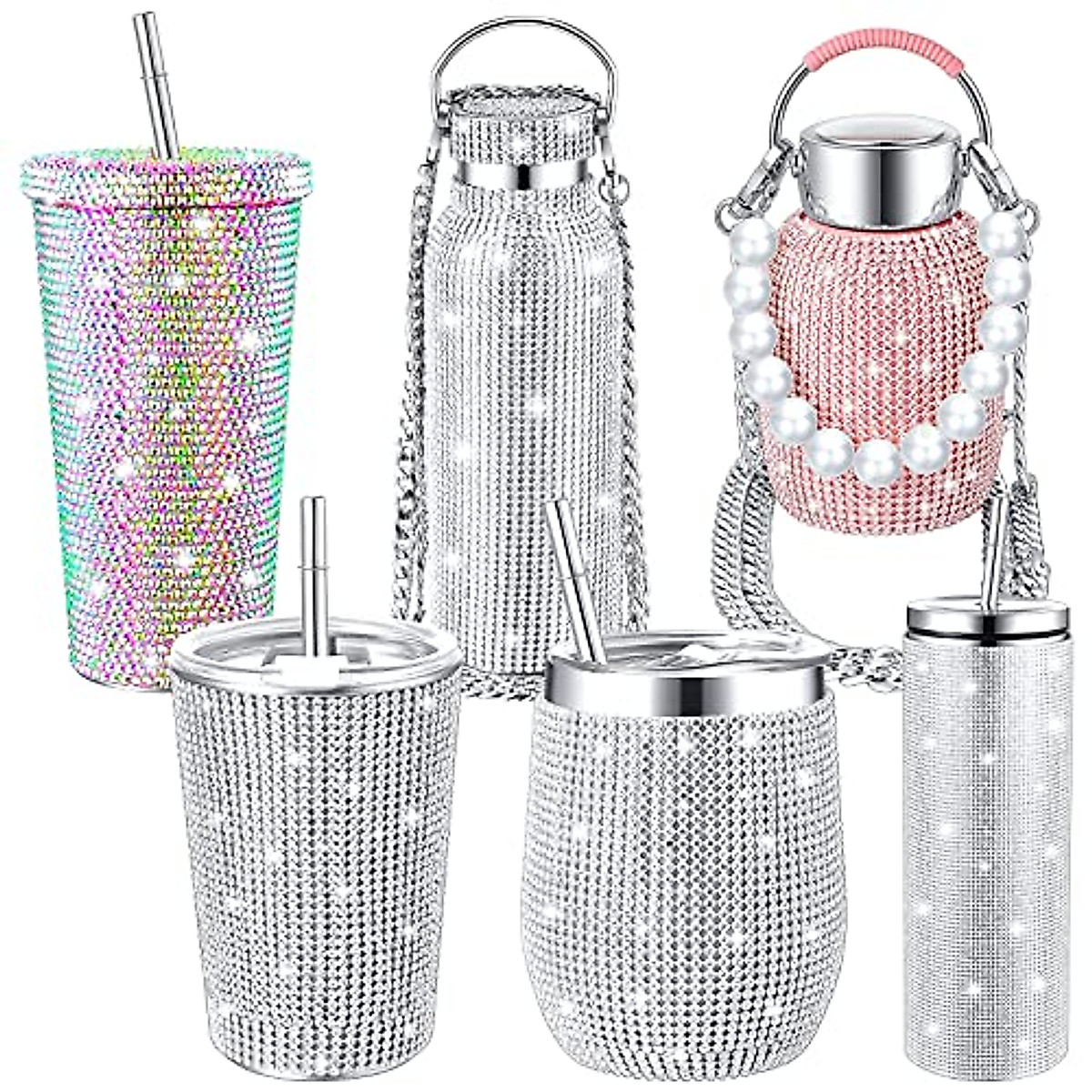 6 Pieces Bling Cup Glitter Rhinestone Water Bottle Insulated Studded Bling Tumbler Refillable Diamond Stainless Steel Thermal Bottle with Chain Lids Straws for Wine Coffee, 12 oz, 17 oz, 20 oz, 25 oz