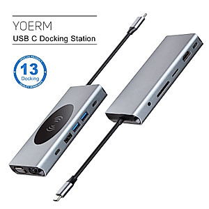 yoerm Docking Station USB C Hub 13-in-1 with Wireless Charging Station, USB C to HDMI, Ethernet, VGA, 5 USB and SD/TF, 100W PD, 3.5mm Audio